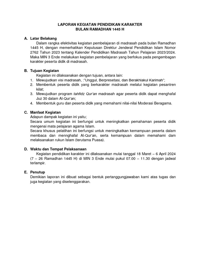 Laporan Kegiatan Pendidikan Karakter | PDF