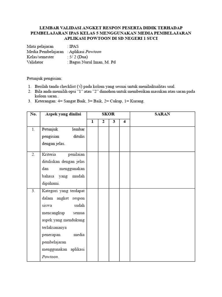 Lembar Validasi Angket Respon Peserta Didik Terhadap Pembelajaran Ipas ...