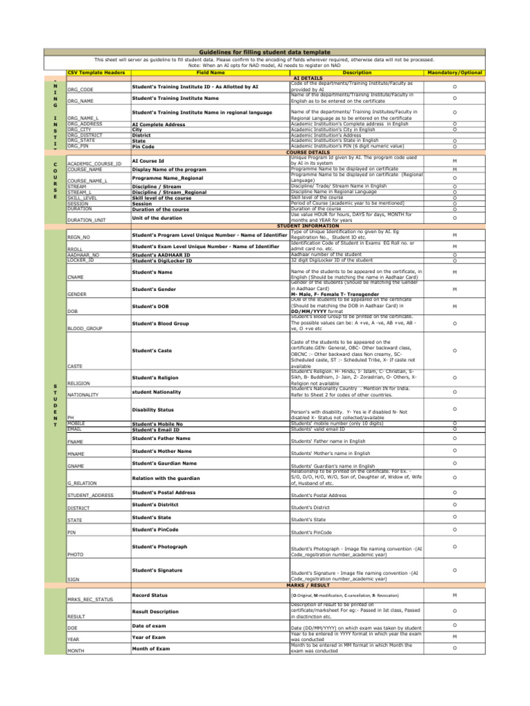 Guidelines to Fill Student Data for Skill Certificates v1 | PDF