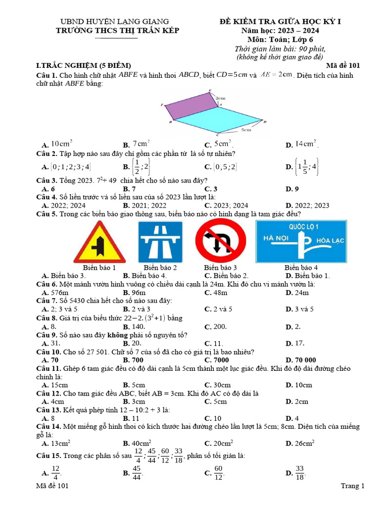 De Giua Hoc Ky 1 Toan 6 Nam 2023 2024 Truong Thcs Thi Tran Kep Bac Giang | PDF