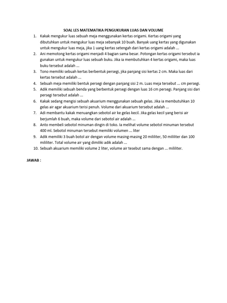 Soal Les Matematika Pengukuran Luas Dan Volum1 | PDF