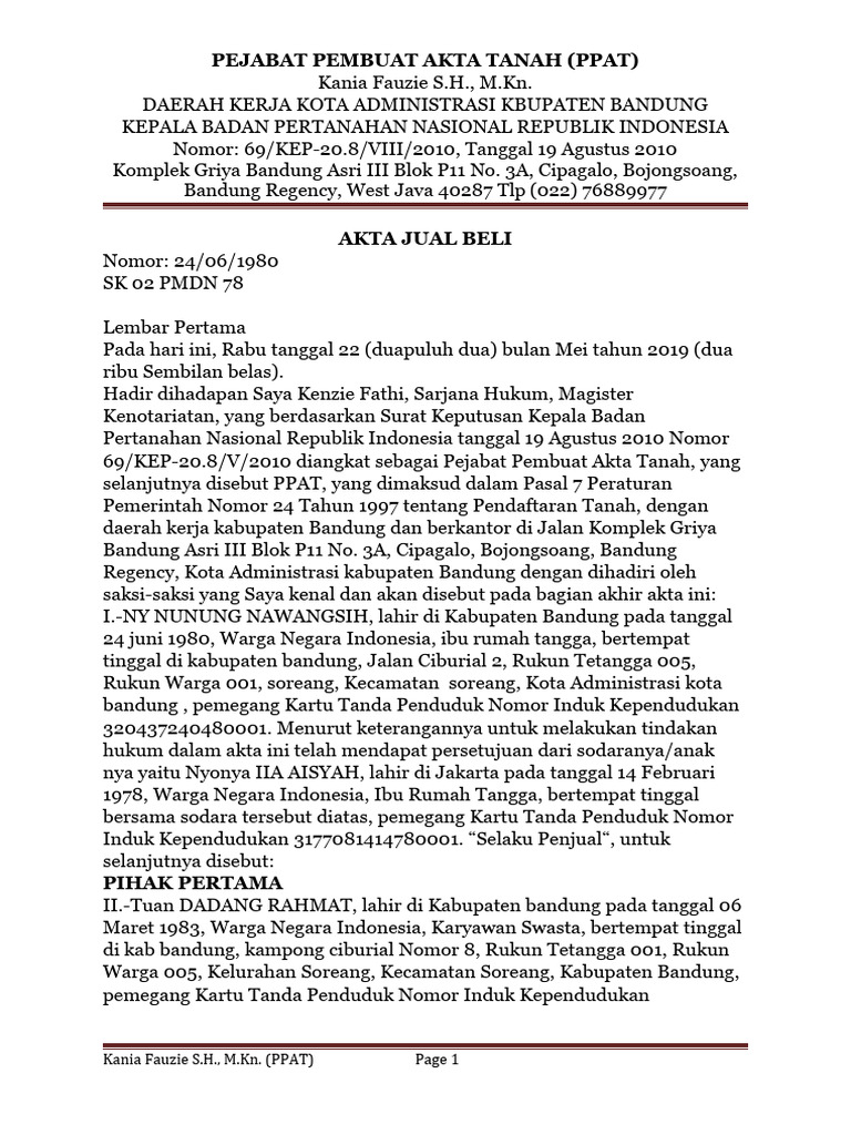 Akta Jual Beli Dadang (Autosaved) 1 | PDF | Hukum