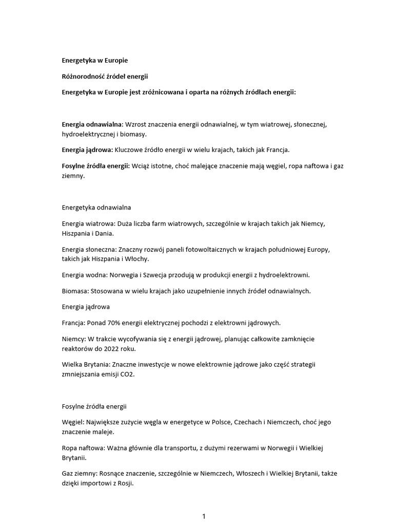 Energetyka w Europie notatka klasa 6 | PDF