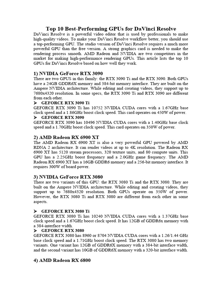 Best GPU DaVinci Resolve | PDF | Graphics Processing Unit | Computer Hardware