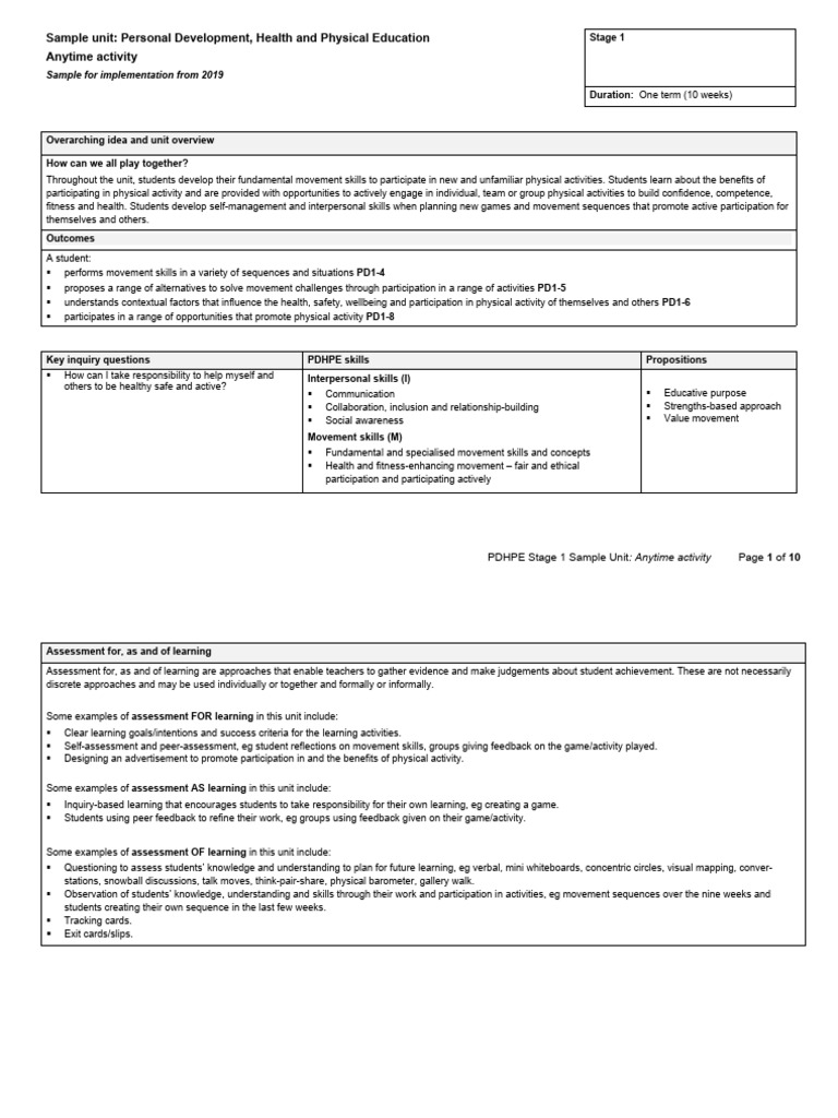 Pdhpe K 10 2018 Sample Unit s1 ls0 Anytime Activity Word | PDF ...