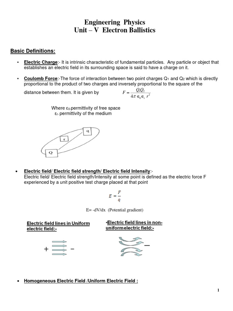 Engineering Physics Unit - V Electron Ballistics: Basic Definitions | PDF | Force | Electronvolt