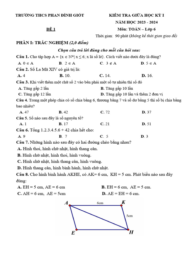 De Giua Ky 1 Toan 6 Nam 2023 2024 Truong Thcs Phan Dinh Giot Ha Noi | PDF