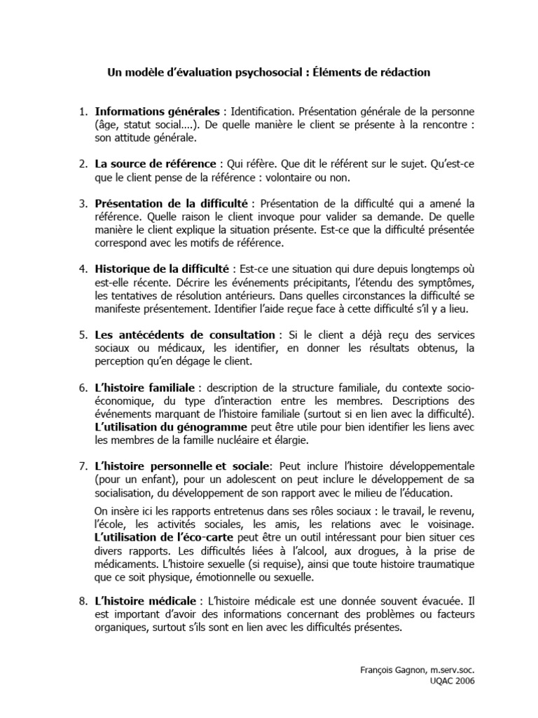 Modèle d'évaluation psychosociale détaillé | PDF | Psychologie sociale ...