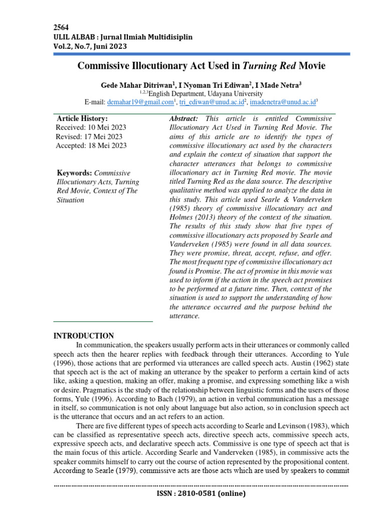 Commissive Illocutionary Act Used in Turning Red Movie: English ...