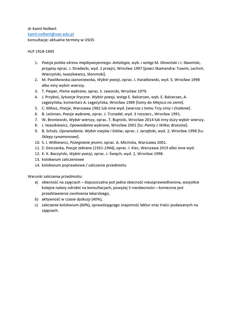 Spis Lektur HLP 18-49 | PDF