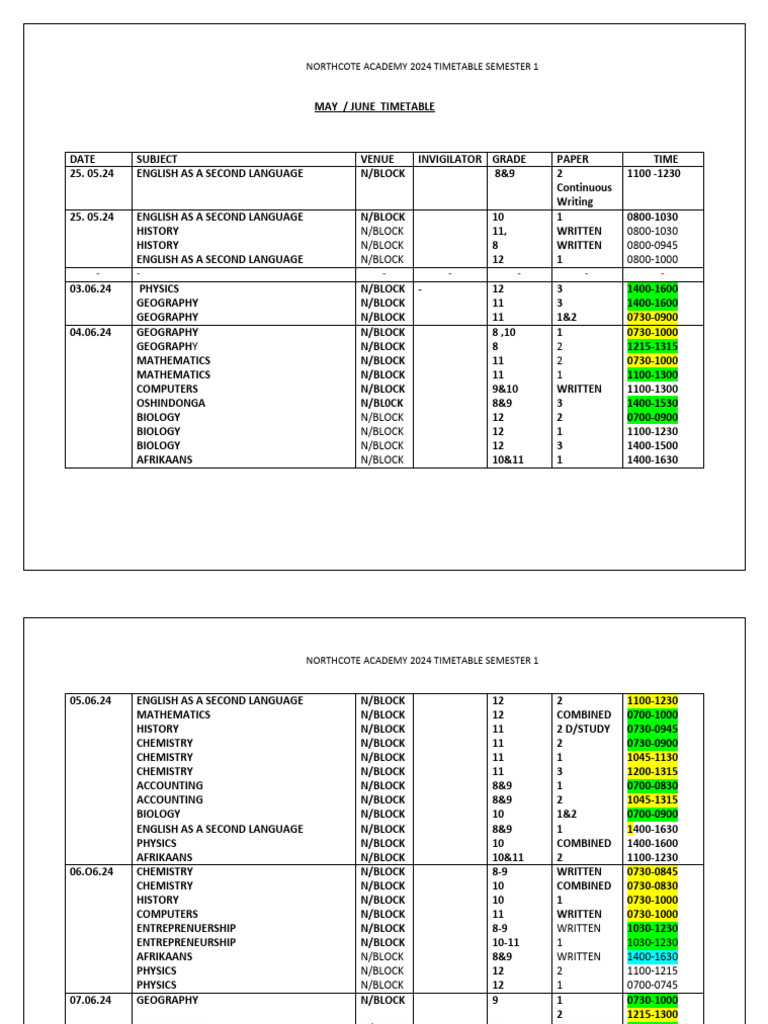 MAY JUNE TIMETABLE 2024 PDF 212 | Download Free PDF | Science