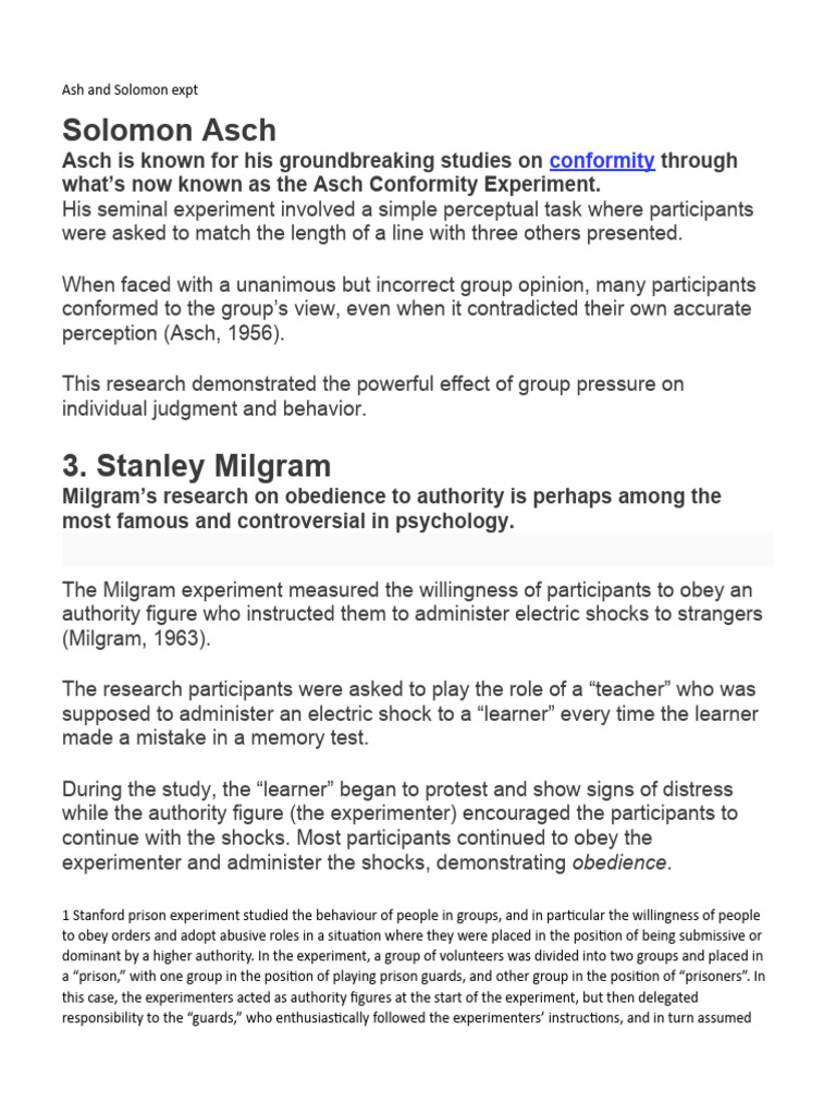 Ash and Solomon Experiment | PDF | Obedience (Human Behavior) | Conformity