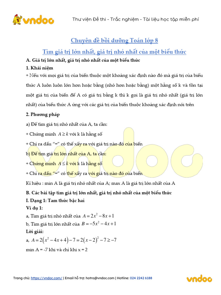 Tim Gia Tri Lon Nhat Gia Tri Nho Nhat Cua Mot Bieu Thuc Toan Lop 8 | PDF