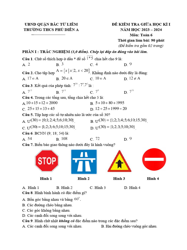 De Giua Hoc Ki 1 Toan 6 Nam 2023 2024 Truong Thcs Phu Dien A Ha Noi | PDF