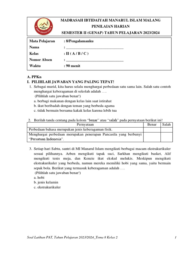 Soal Latihan Pat Tema 2H | PDF