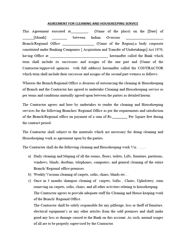AGREEMENT FOR CLEANING AND HOUSEKEEPING SERVICE | Download Free PDF ...