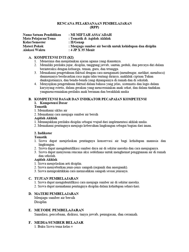 RPP TEMATIK KELA 5 Menjaga Sumber Air Bersih Untuk Kehidupan | PDF