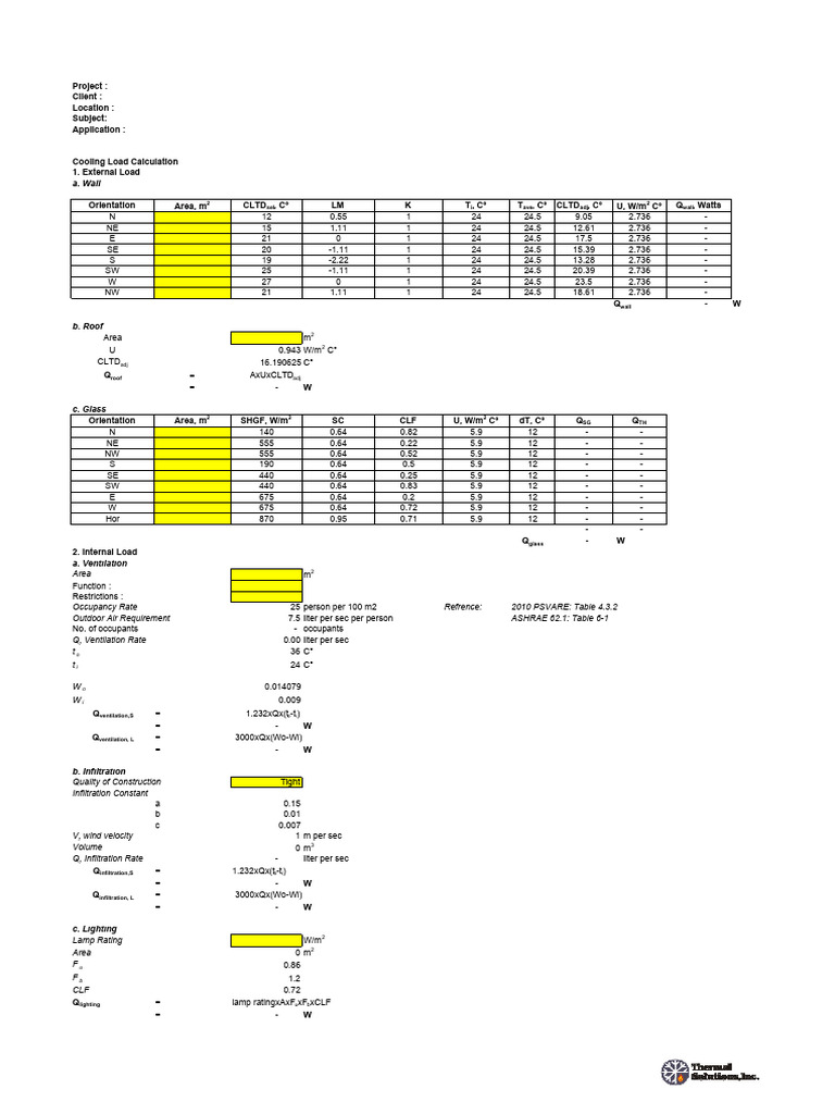 Cooling Load Calculation Template | PDF | Ventilation (Architecture) | Applied And ...