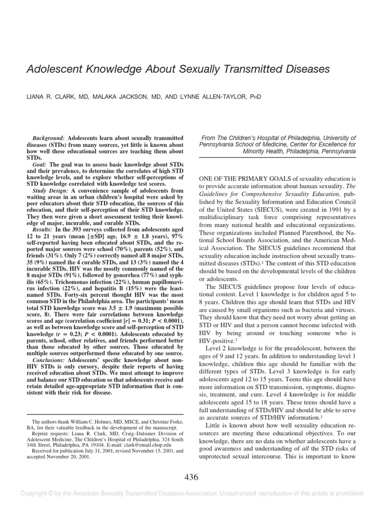 Adolescent STDKnowledge STD2002 | PDF | Sexually Transmitted Infection | Male Genital Disorders