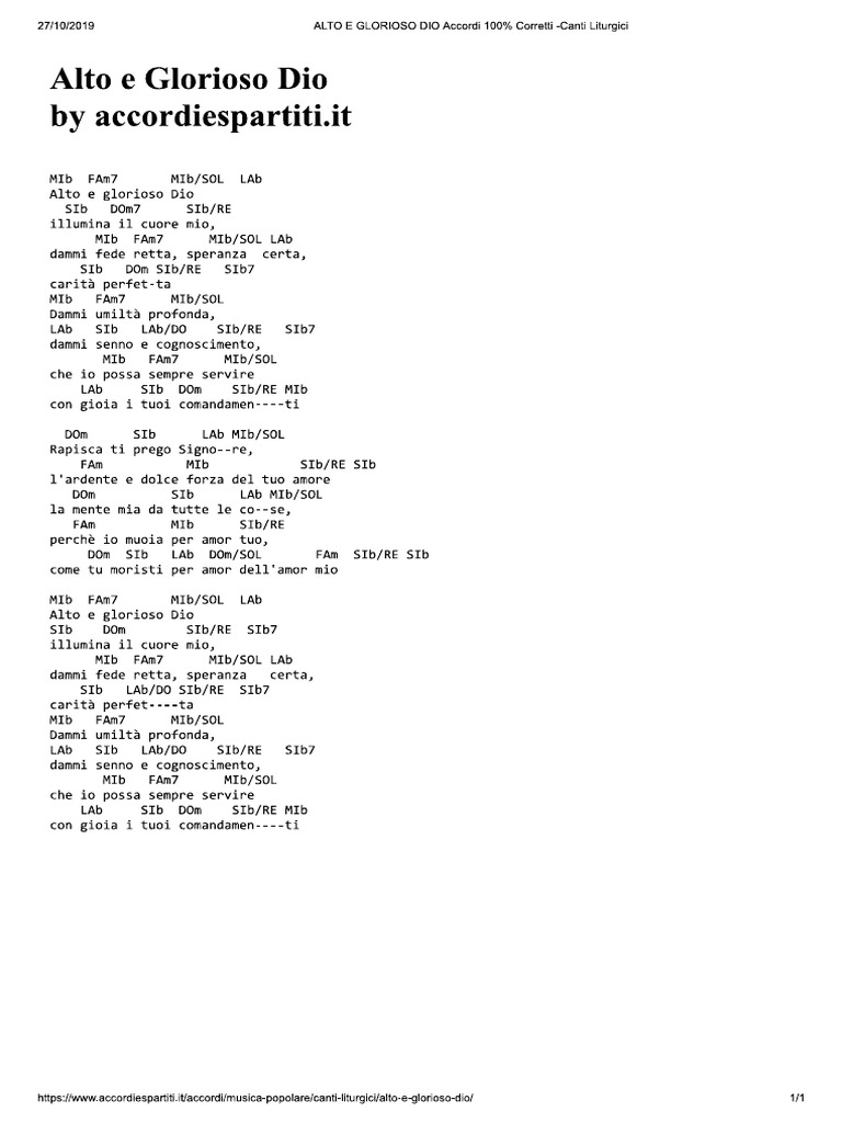 ALTO E GLORIOSO DIO Accordi 100% Corretti - Canti Liturgici | PDF