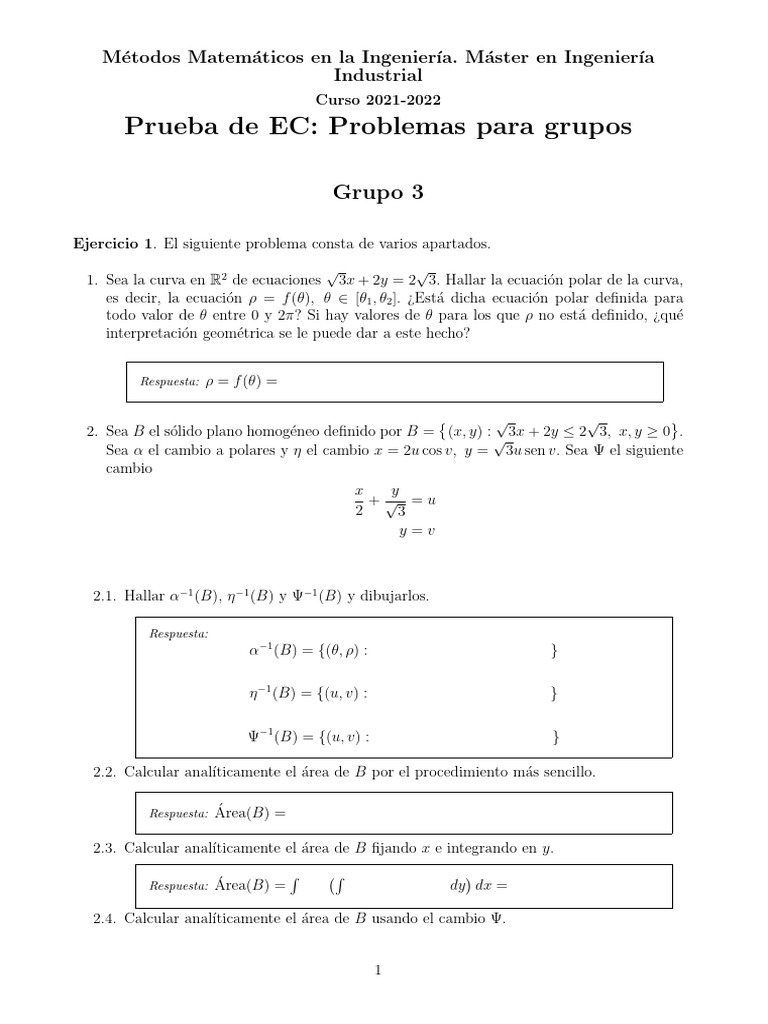 MetMatIng 21-22 EC02 PEC1 1 Integral Multiple Problemas para Grupos G3 | PDF | Integral ...