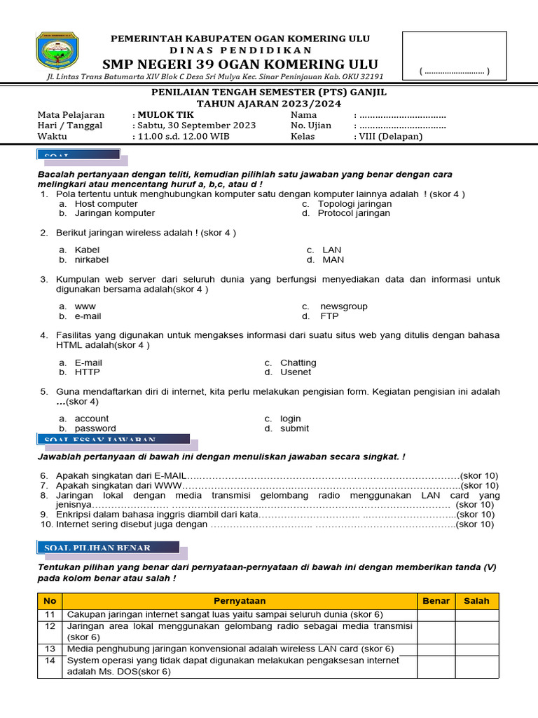 Soal PTS Mulok Tik KLS 8 Ari Wafah 2023-2024 | PDF