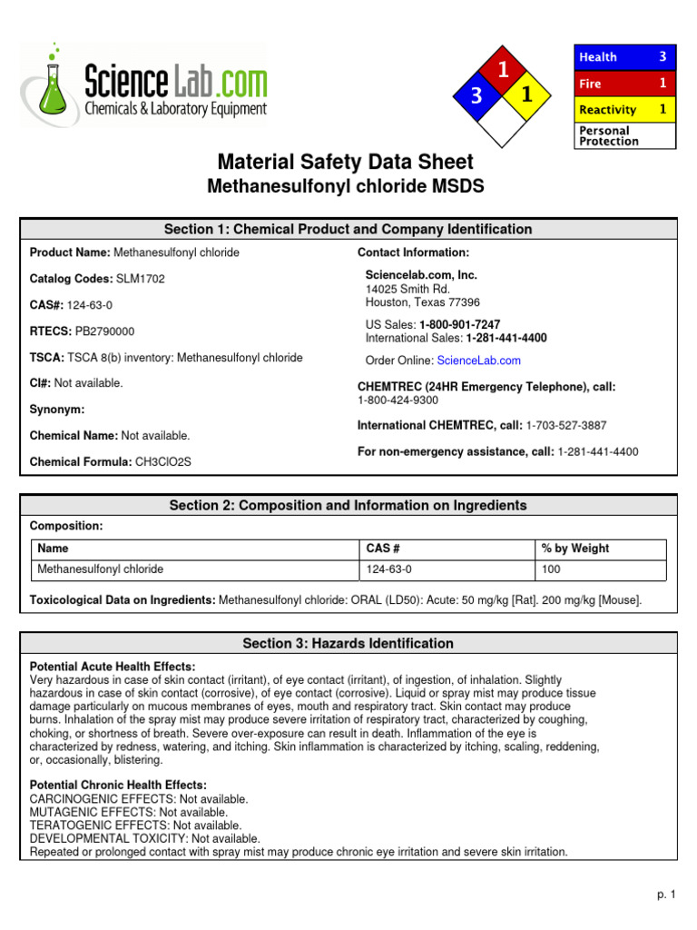 Methanesulfonyl Chloride MSDS Guide | PDF | Toxicity | Water