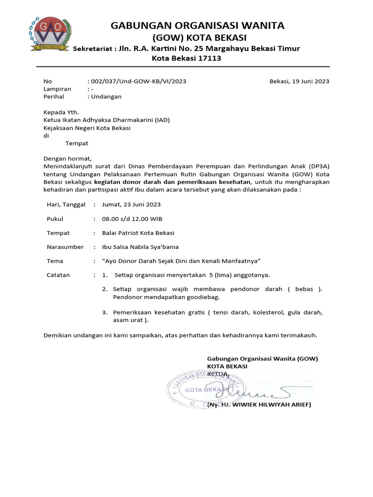 Undangan Donor Darah Juni - Ketua Ikatan Adhyaksa Dharmakarini (IAD) | PDF Undangan Donor Darah Juni - Ketua Ikatan Adhyaksa Dharmakarini (IAD) | PDF