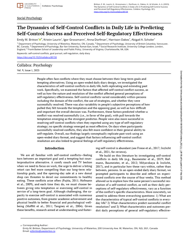 The Dynamics of Self-Control Conflicts in Daily Life | PDF | Self-Management | Self Control