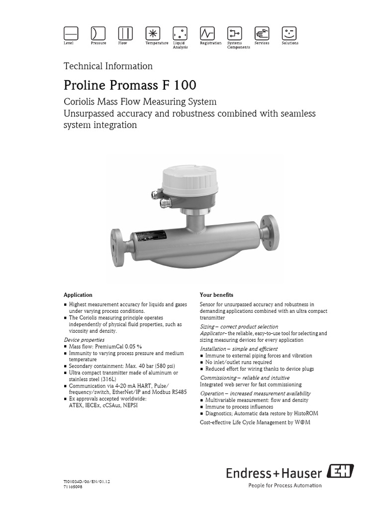 Manual Endress & Hauser Promass F100 | PDF | Phase (Waves) | Force
