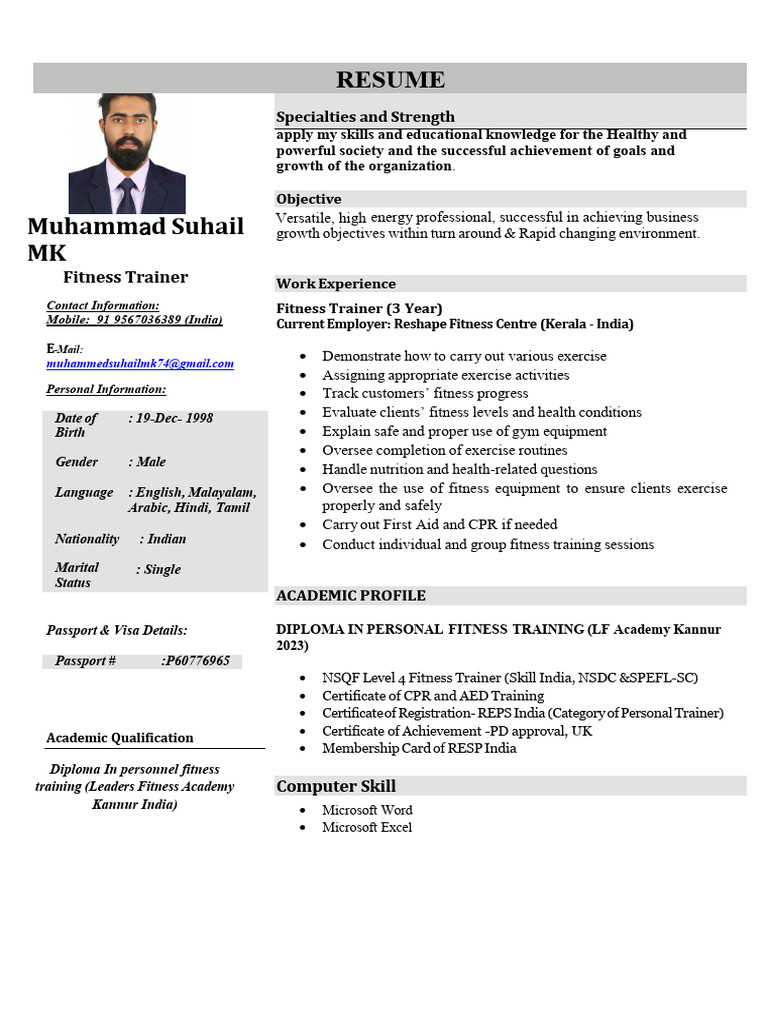 Muhammad Suhail MK C V FINAL-1 PDF | PDF | Personal Trainer | Behavior Modification