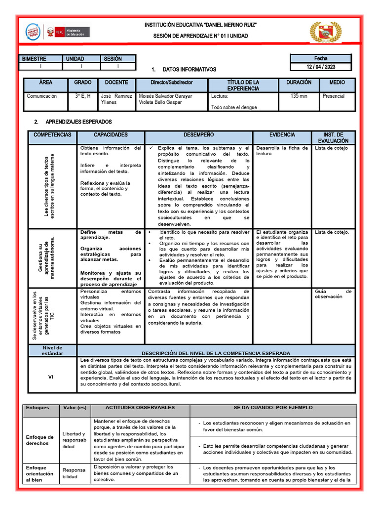 SESIÓN DE APRENDIZAJE N° 1 - 3° - BIM I - 2023 | PDF | Aprendizaje | Evaluación