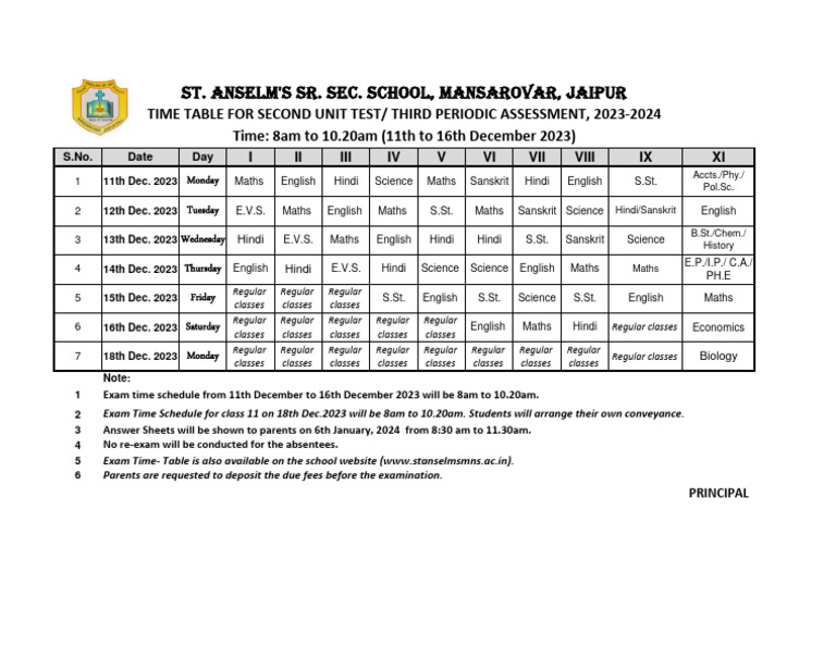 St. Anselm's Class 11 Exam Schedule 2023 | PDF