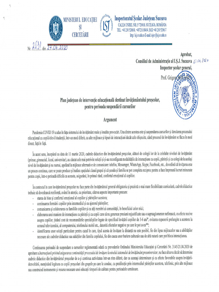 Plan de Interventie Educationala Invatamant Prescolar - Aprobat | PDF
