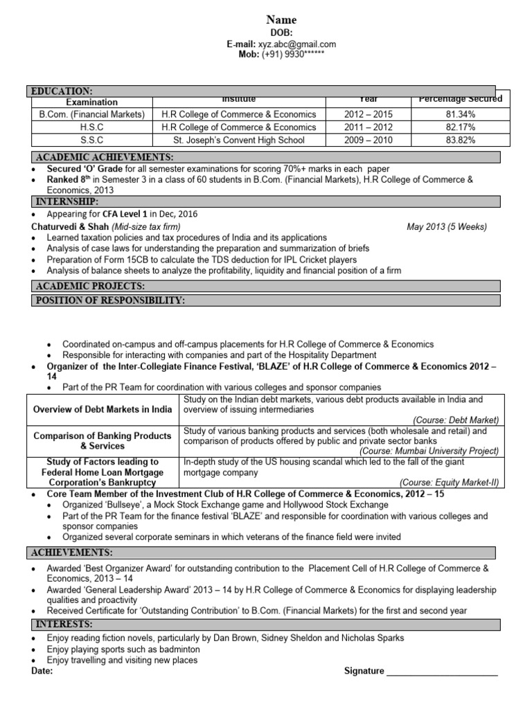 Sample Resume Format | PDF | Mortgages | Commerce