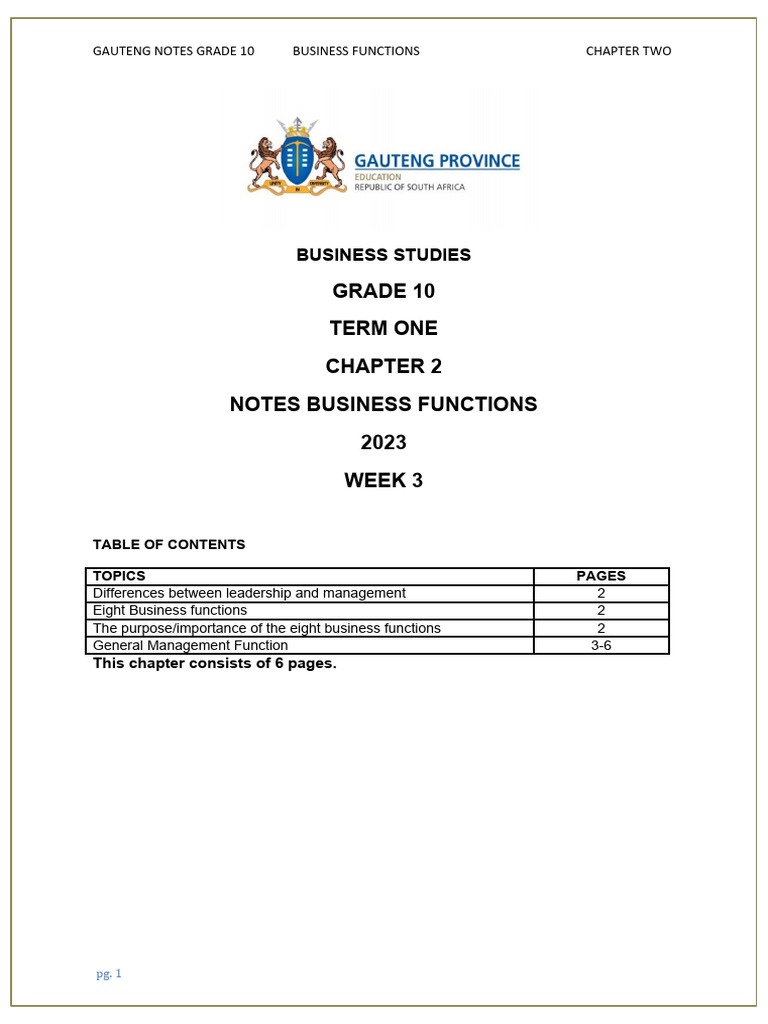 Gauteng Grade 10 Business Functions Notes | PDF | Leadership | Goal