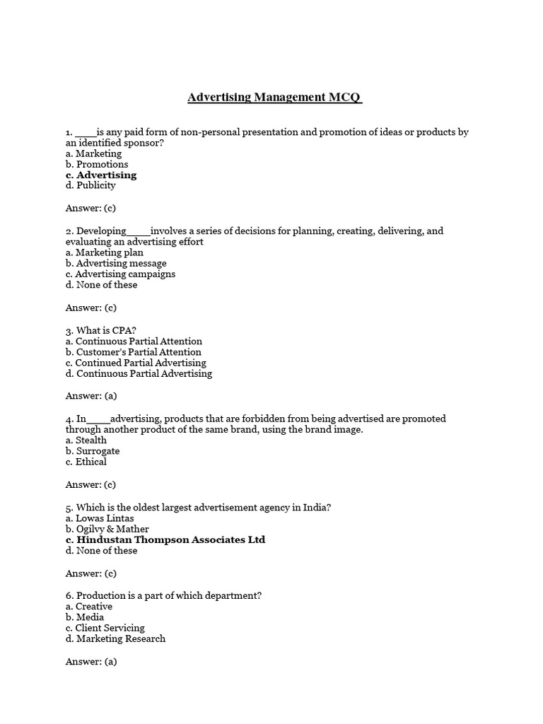 Advertising Management MCQs and Answers | PDF | Advertising | Marketing