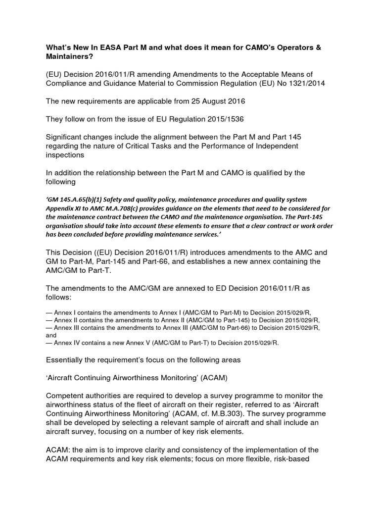 EASA Part M Changes for CAMO Operators | PDF