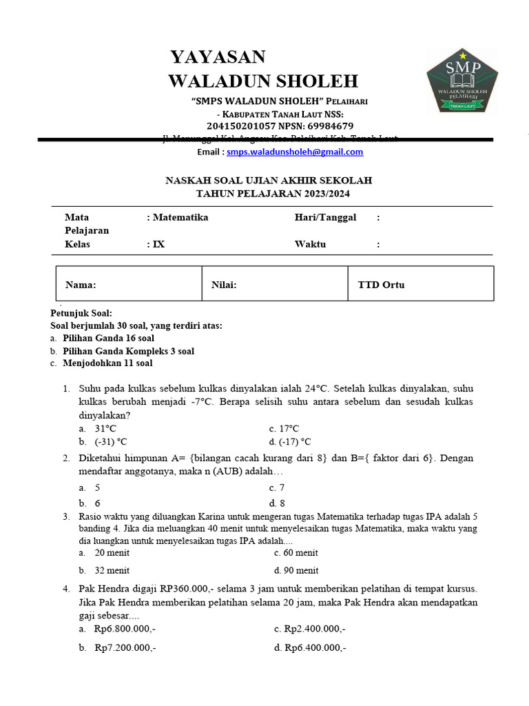 UAS MTK Kelas IX 2023-2024 | PDF