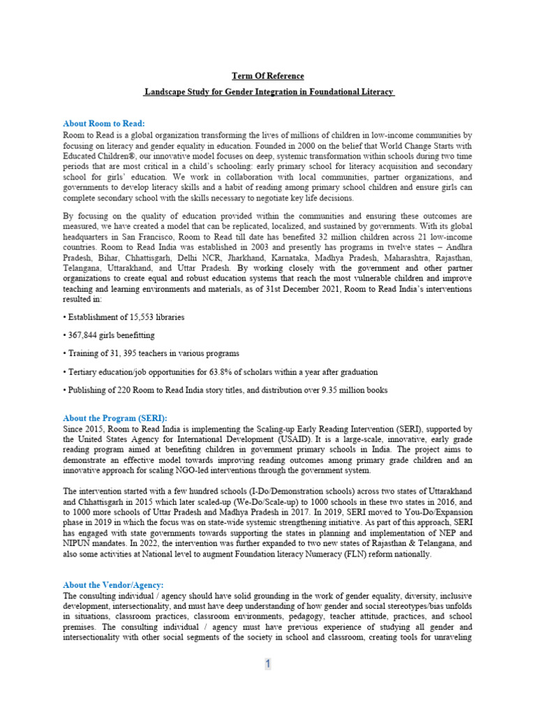 SERI - Gender Landscape Study - TOR | PDF | Gender | Gender Studies