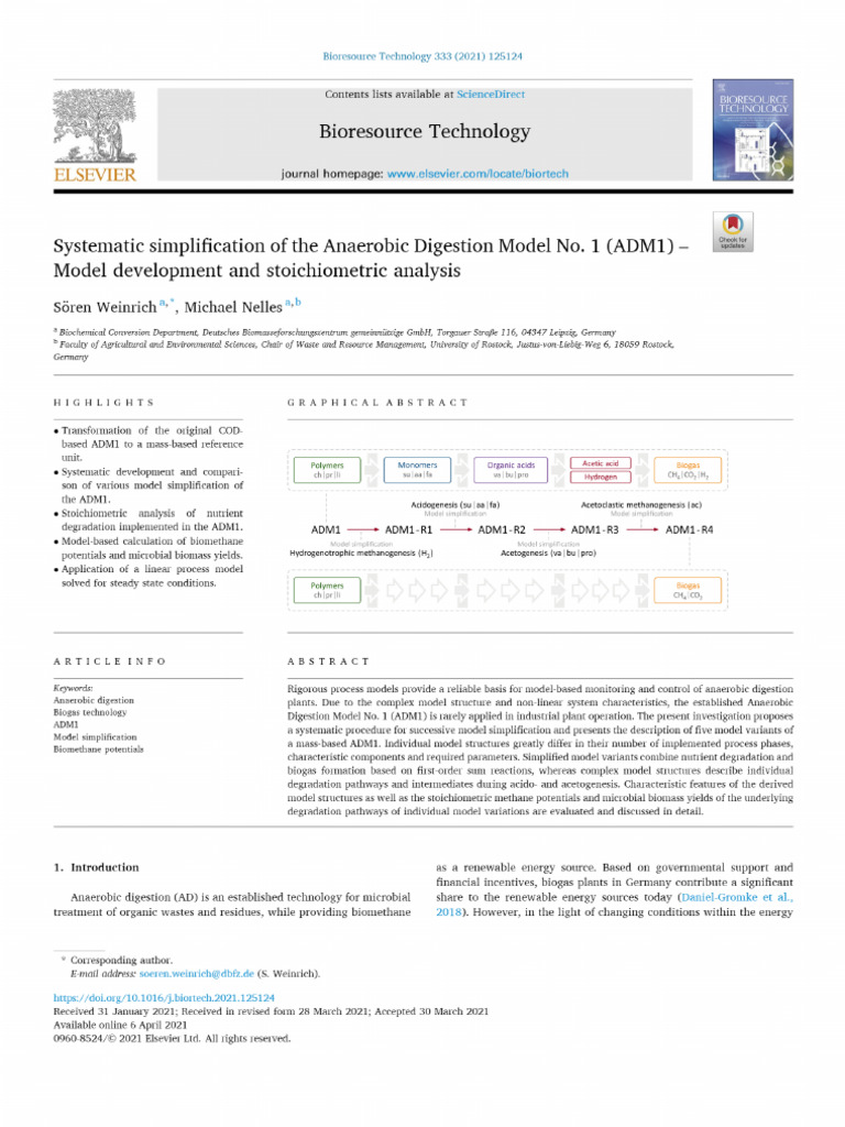 Systematic simplification of the Anaerobic Digestion Model No. 1 (ADM1 ...