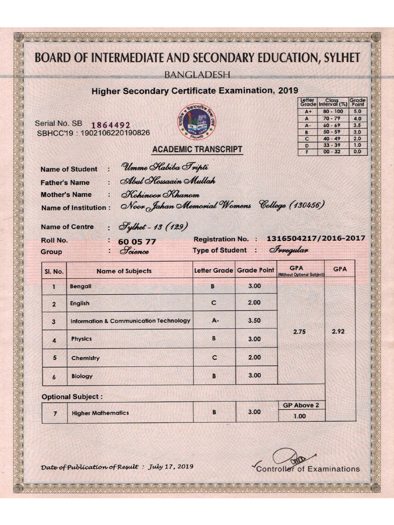 Higher School Transcript | PDF