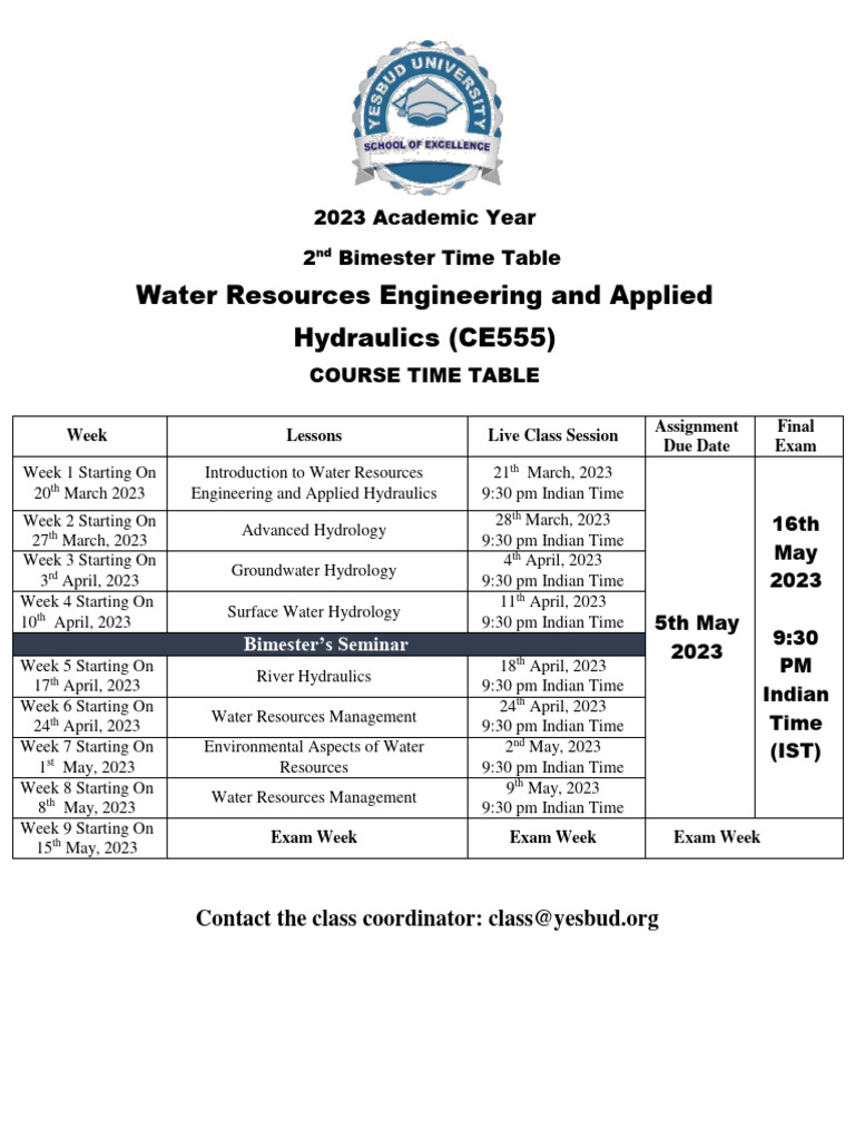 Water Resources Engineering Schedule | PDF | Hydrology | Earth Sciences