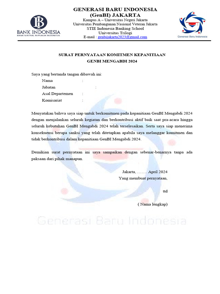 Surat Pernyataan Komitmen Kepanitiaan Genbi Mengabdi 2024 | PDF