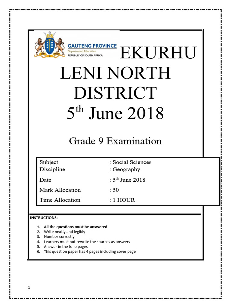 Social Sciences Grade 9 Geography June Exam 2018 Question Paper | PDF