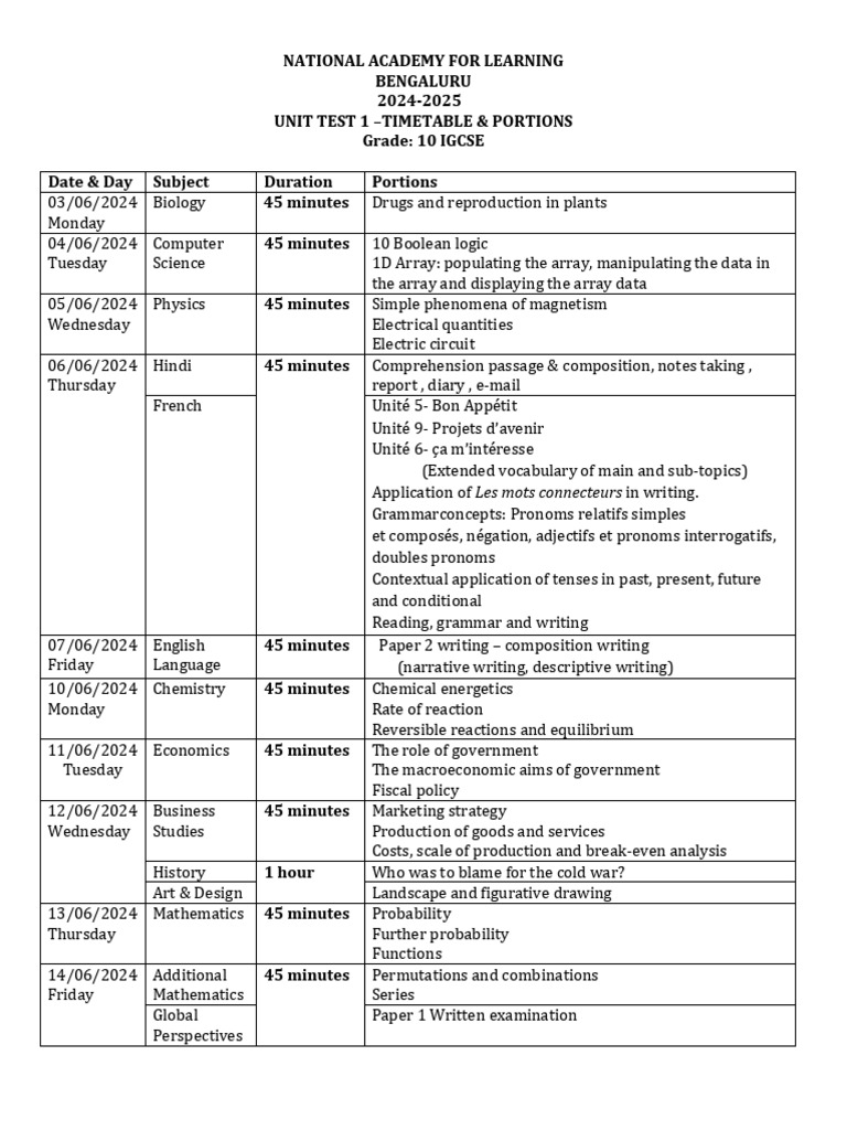 IGCSE Grade 10 Unit Test Timetable 2024 | PDF | Technology & Engineering