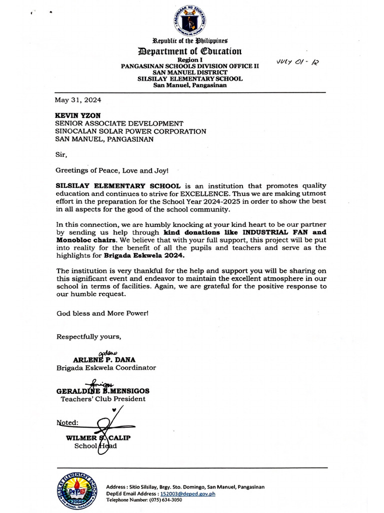 Solicitation Letter - Silsilay Elementary School - 2024 Brigada Eskwela ...