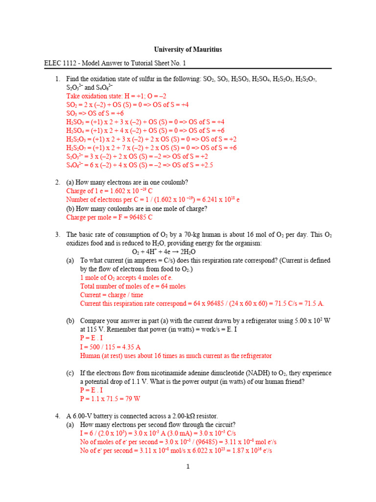 Model Answer - Tutorial No 1 - Elec 1112 | PDF | Redox | Electricity