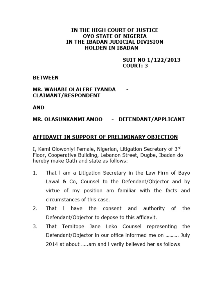 Preliminary Objection Affidavit in Court | PDF | Affidavit | Justice