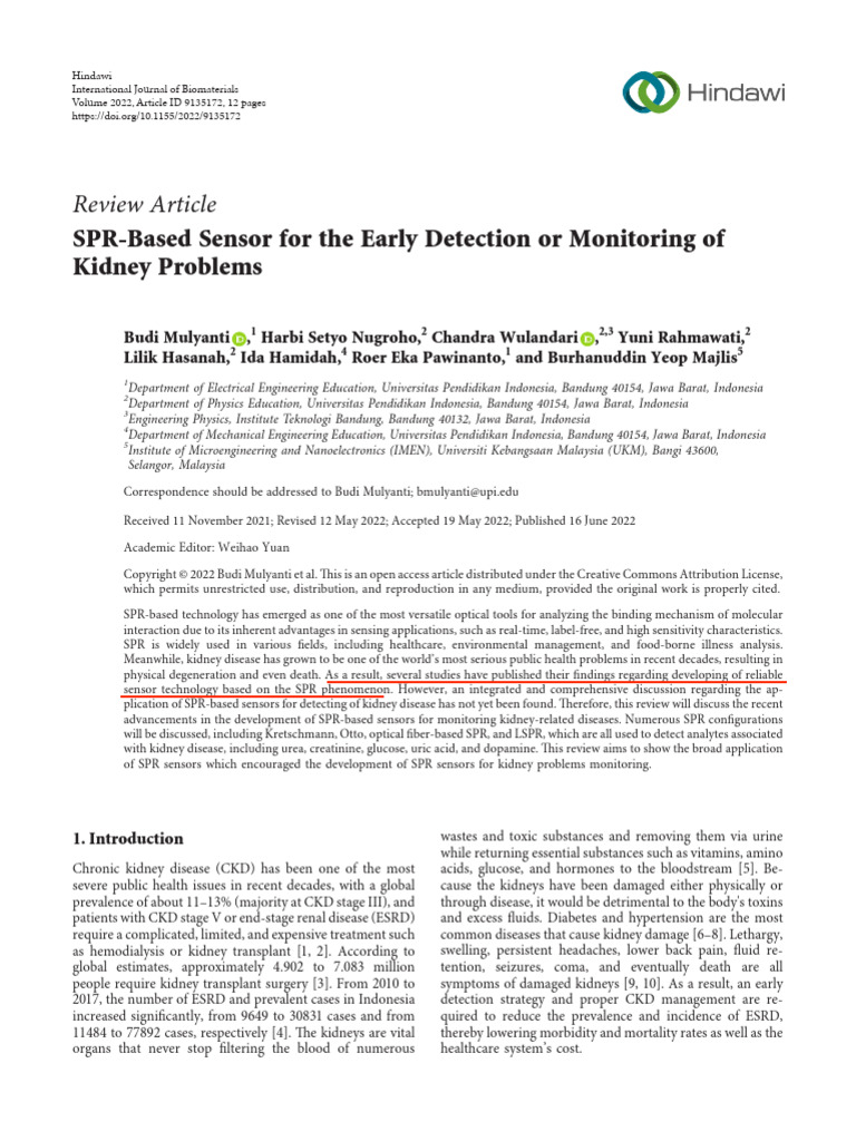 SPR-Based Sensor For The Early Detection or Monitoring of Kidney ...